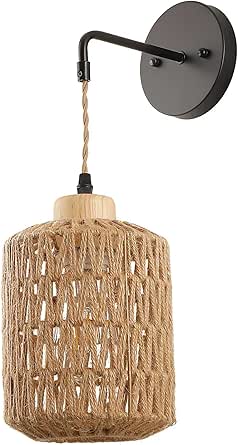DANGGEOI Rattan Wall Sconces, Boho Wall Lamp Bedside Lamps with Hemp ...
