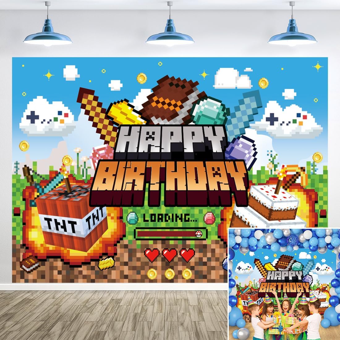 Amazon.com : Pixel Video Game Theme Backdrop Children Boy Happy ...