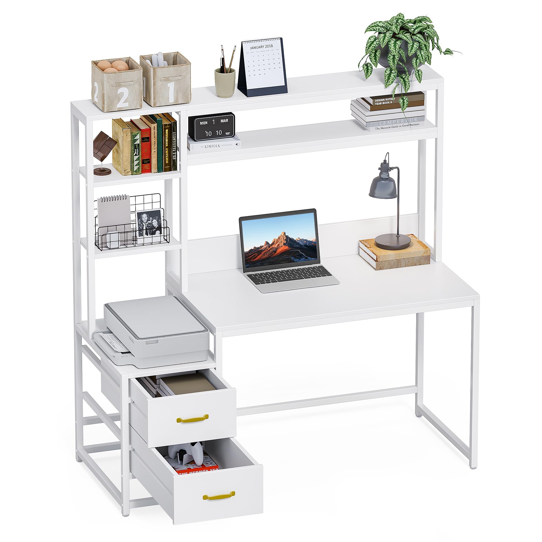 Amazon.com: LITTLE TREE White Computer Desk with Drawers and Hutch, 55 ...
