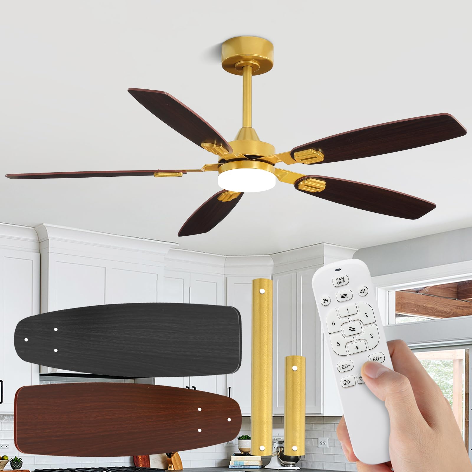 52 Inch Black and Gold Ceiling Fan with Light, Modern 3000k-6500k 5% ...