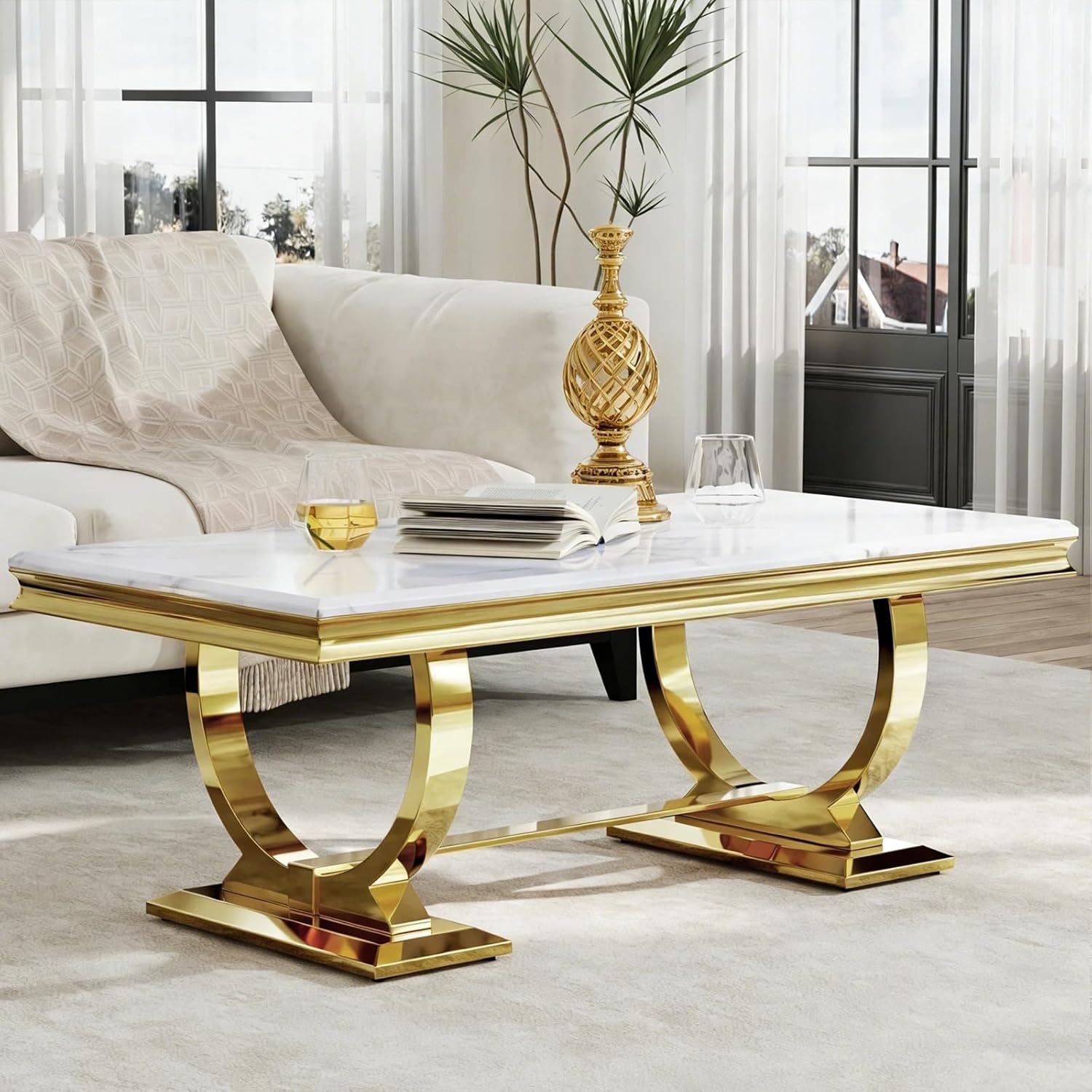 Amazon.com: Asday Gold and White Coffee Table, Rectangle Gold Marble ...