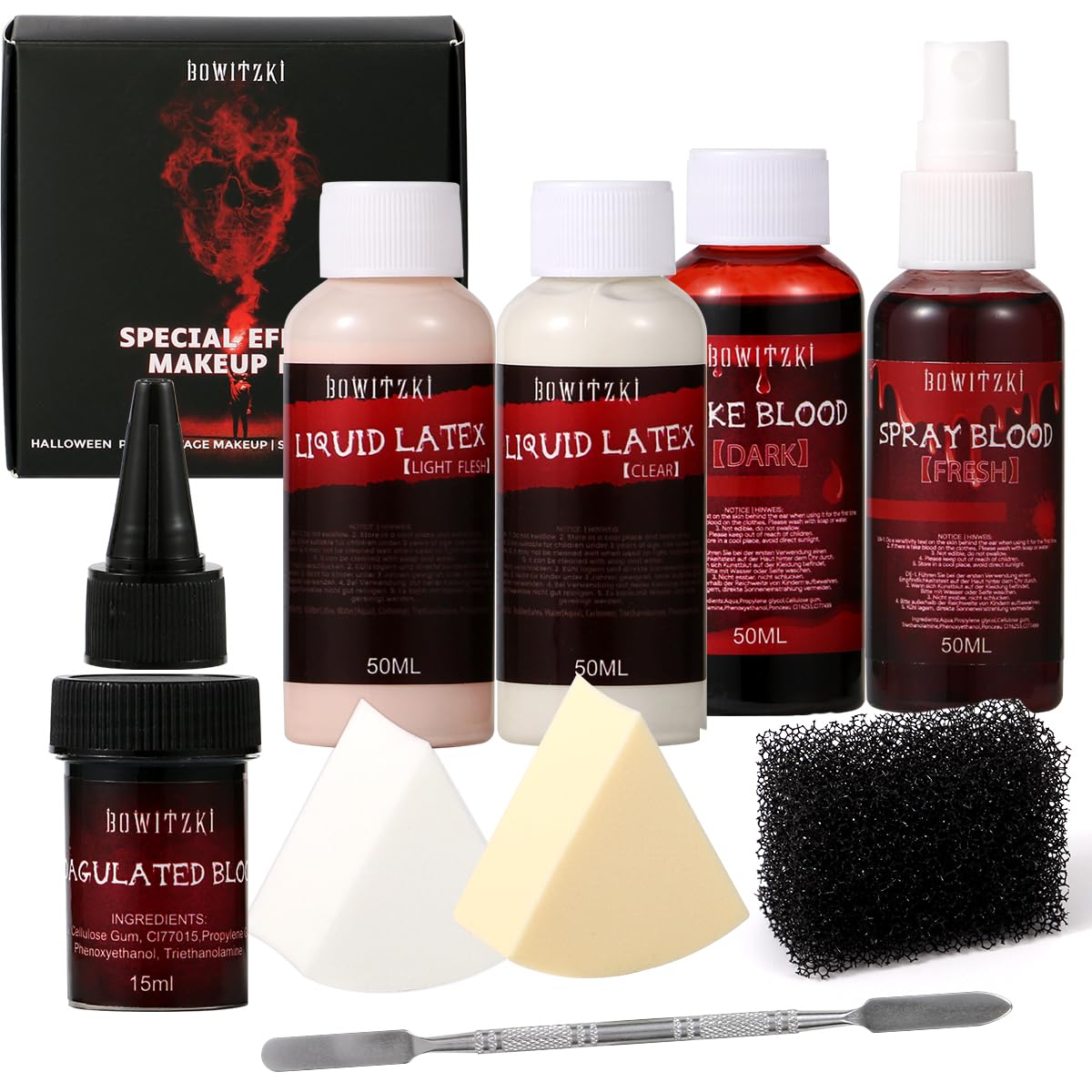 Amazon.com : Bowitzki Fake Blood & Liquid Latex Kit,Pro SFX Makeup Set ...