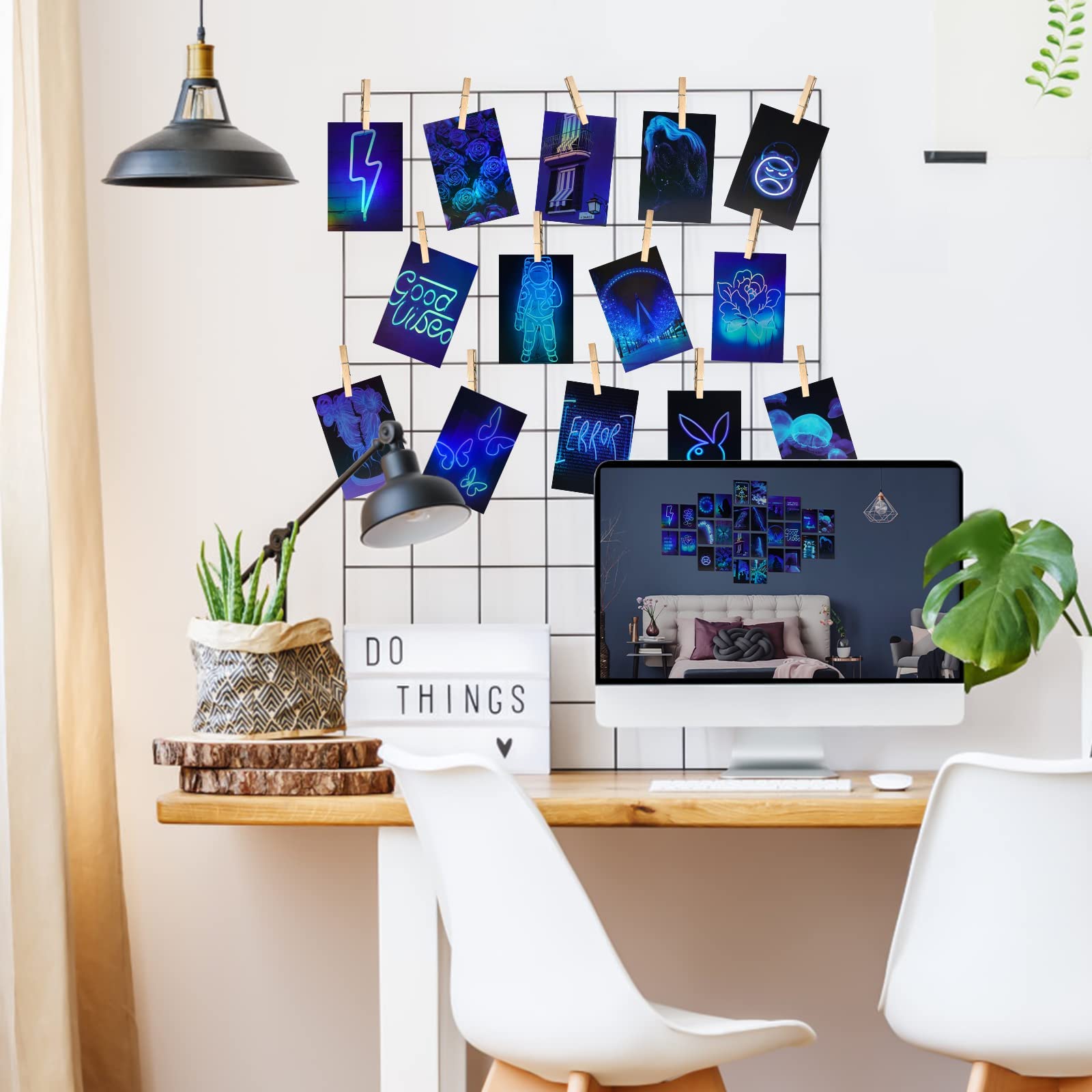 Blue Neon Wall Collage Kit Aesthetic Pictures, Bedroom Decor for Teen ...