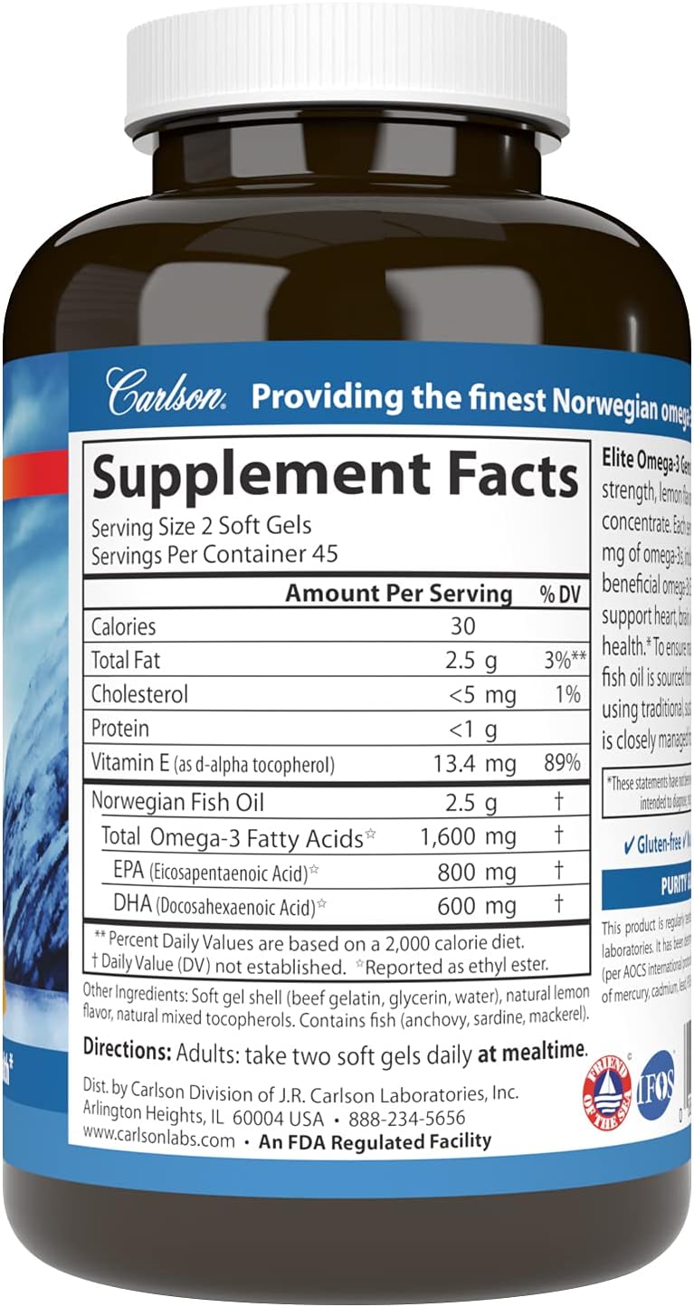 Carlson Elite Omega-3 Gems - Norwegian Fish Oil Supplement, 1600mg ...