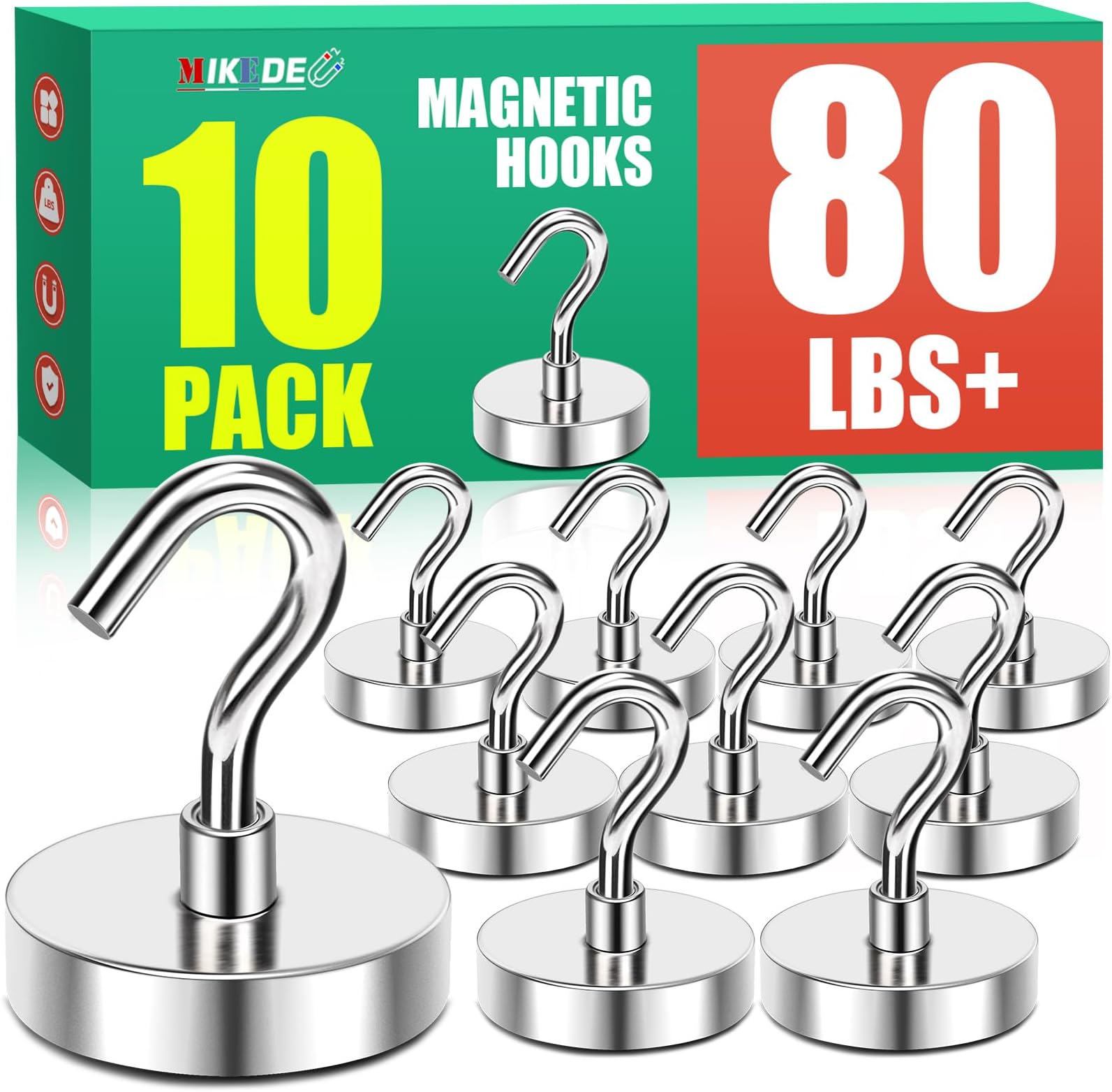 MIKEDE Magnetic Hooks, 80 Lbs Heavy Duty Earth Magnets with Hooks for ...