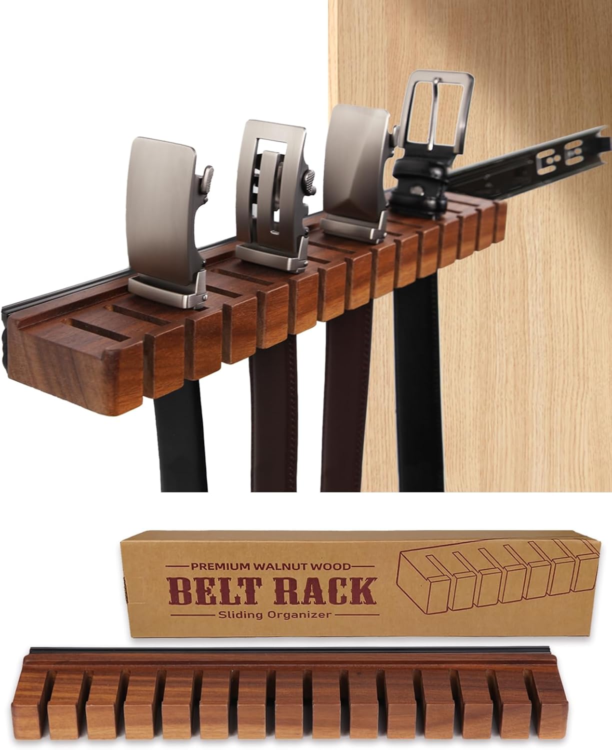 Amazon.com: 14-Slots Walnut Wood Belt Hanger with Slider, Belt Closet ...