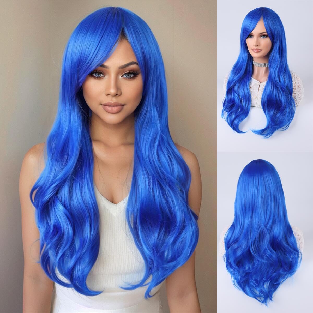 Amazon.com : ANESHE Blue Wigs for Women Long Curly Wavy Synthetic Wig ...