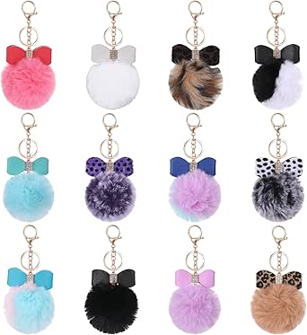 Xthrotsenk 12 Pcs Fluffy Pom Pom Keychain Bow Keychain Ball Key Rings ...