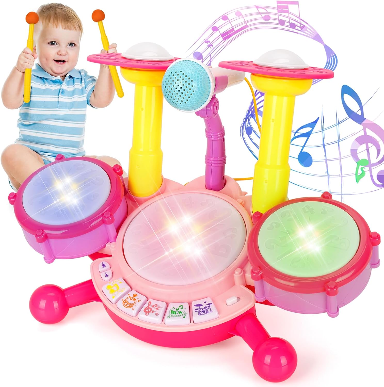 Kids Drum Set, Musical Toys for Kids with 2 Drum Sticks and Microphone ...