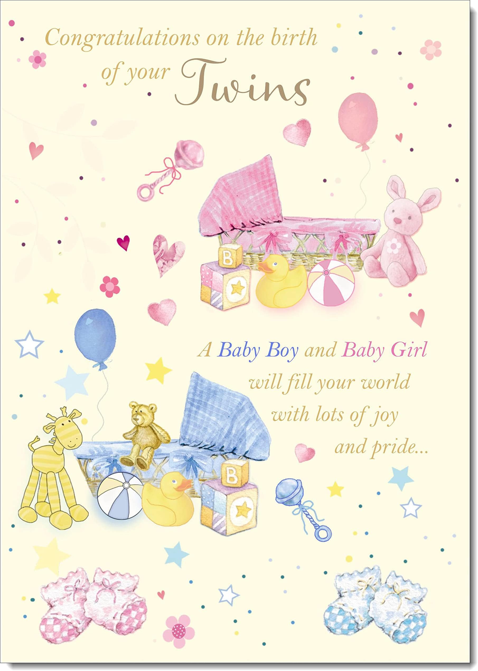 New Baby Twins Twin Boy and Girl Birth Congratulations Card Baby Basket ...