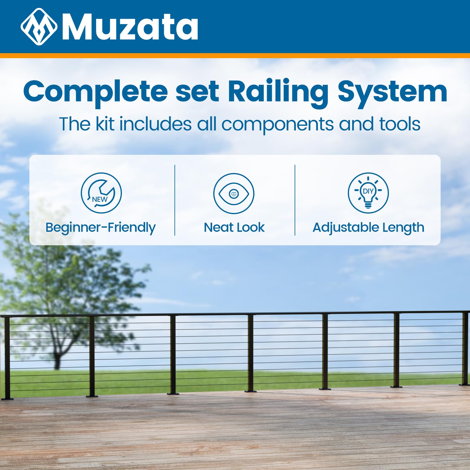 Muzata 13'-19'6" Complete Set Cable Railing System 36" Black Stainless ...