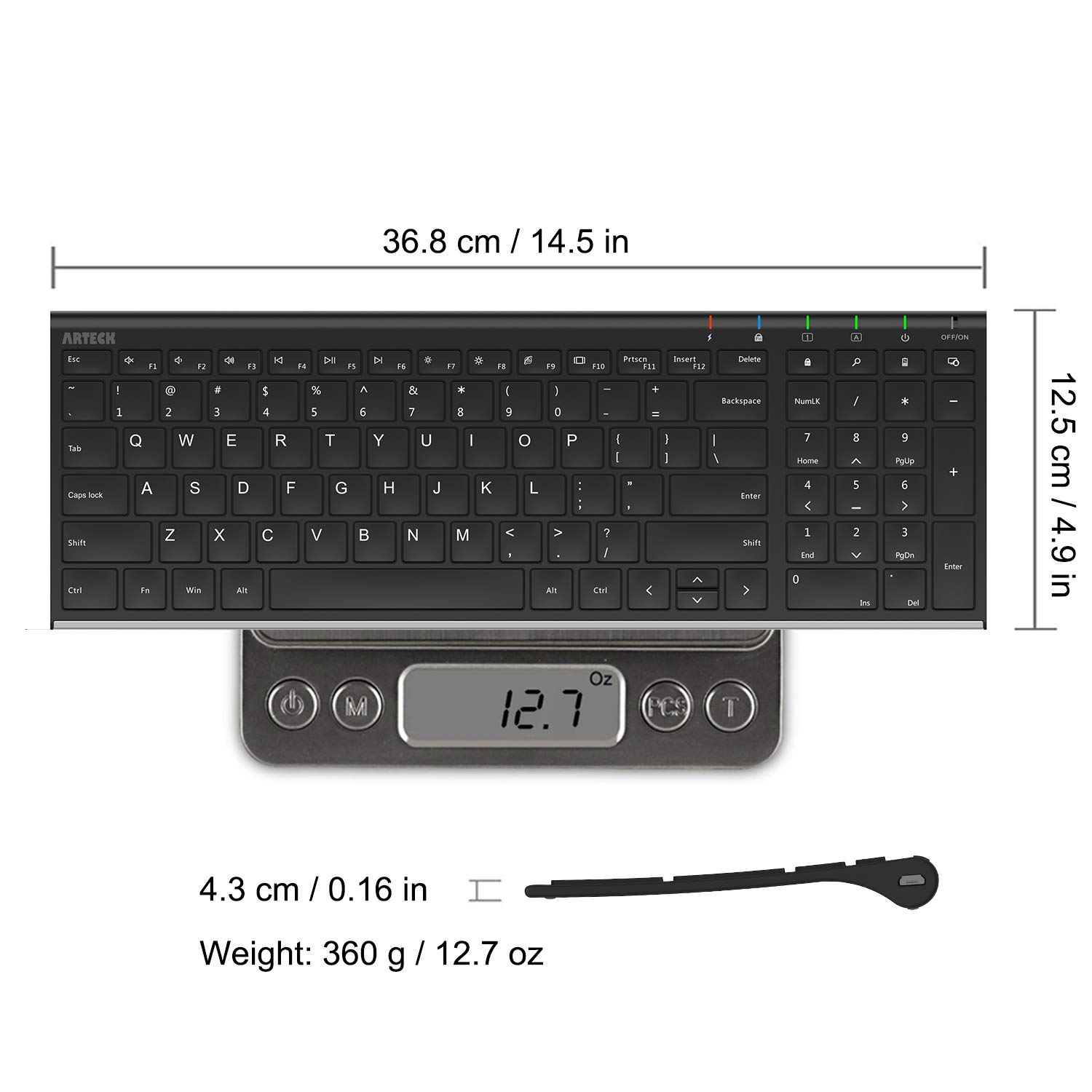 Arteck HW193 2.4G Wireless Keyboard Stainless Steel Ultra Slim Full ...