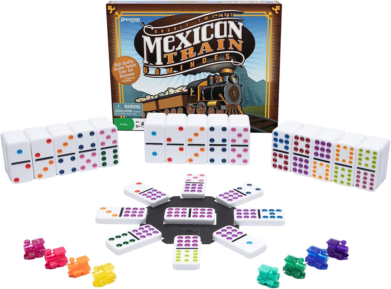 Pressman Mexican Train Dominoes: 91 Jumbo Crystalline Dominoes, 8 Train ...