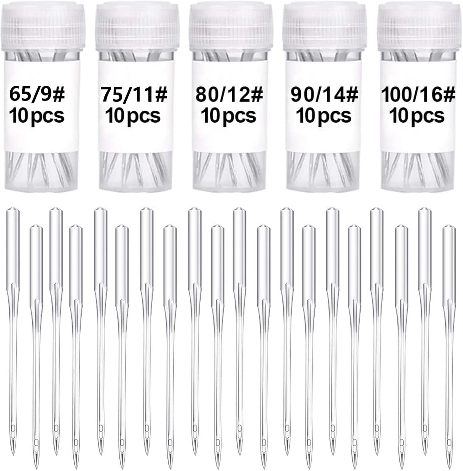 50 Pcs Sewing Machine Needles, 5 Sizes 65/9, 75/11, 80/12, 90/14, 100/ ...
