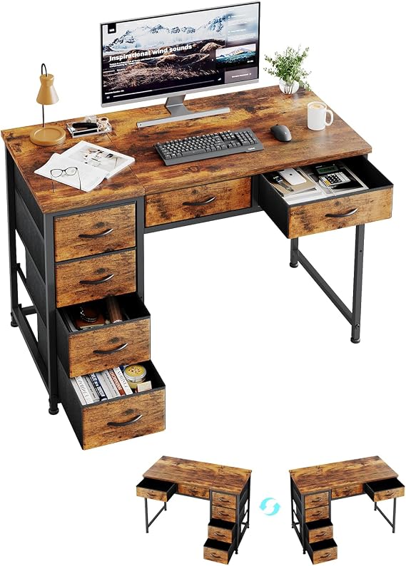 MUTUN 100x48 cm Desk, Small Computer Desk with 6 Fabric Drawers ...
