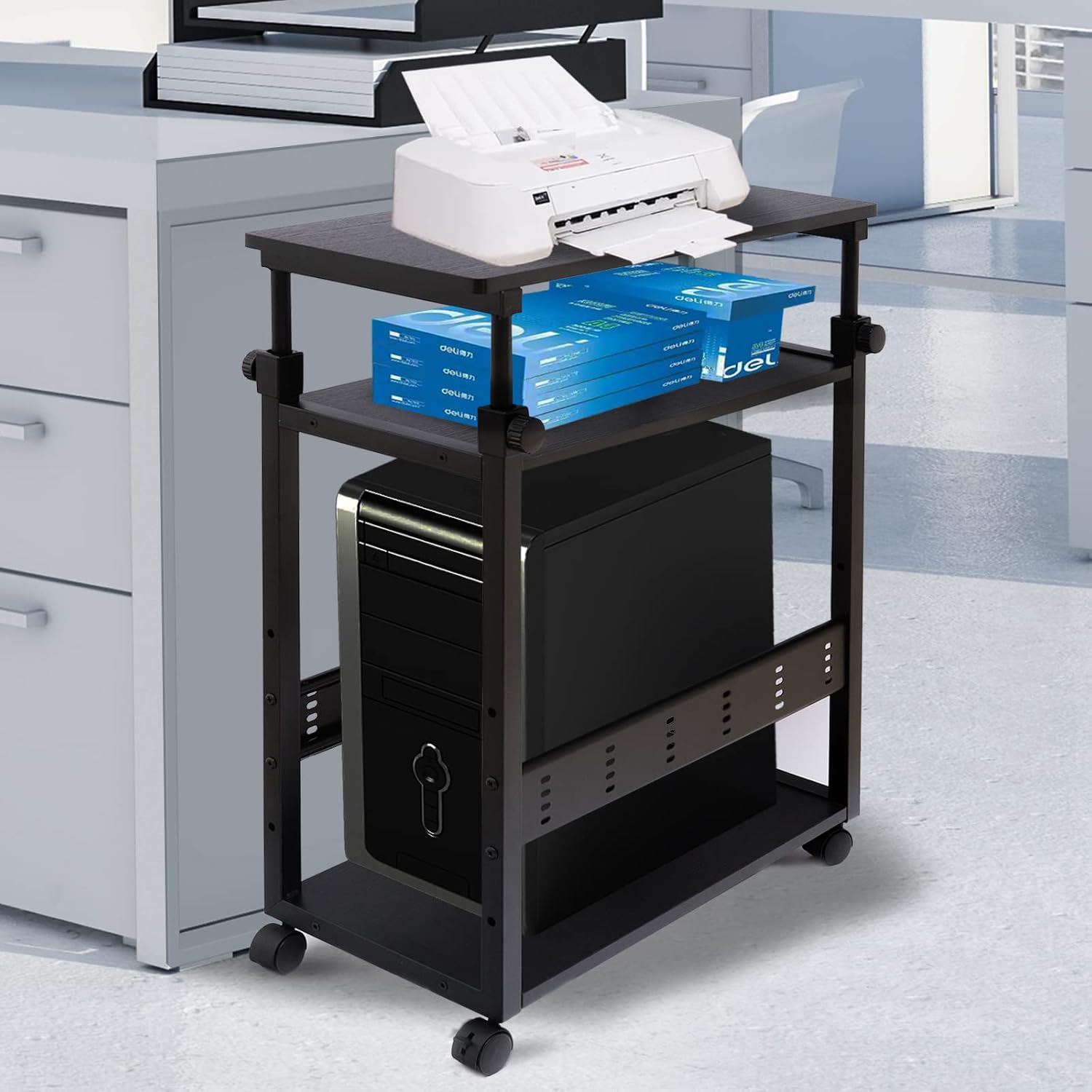 JENSMAR 3 Tier Height Adjustable PC Tower Stand for Under Desk, Black ...