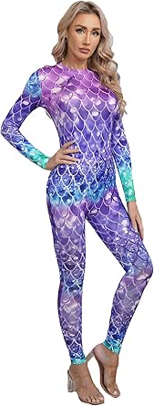 Amazon.com: Kvysinly Women's Fish Scale Full Body Mermaid Unitard Long ...