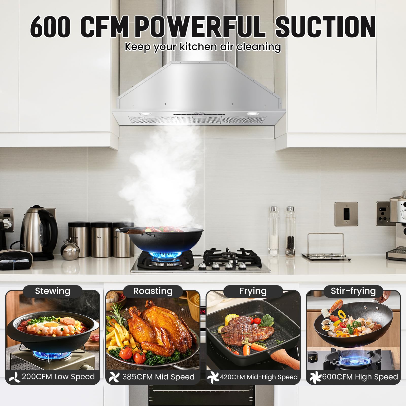 Snapklik.com : VENFAN 36 Inch Range Hood Insert 600 CFM, Ducted ...