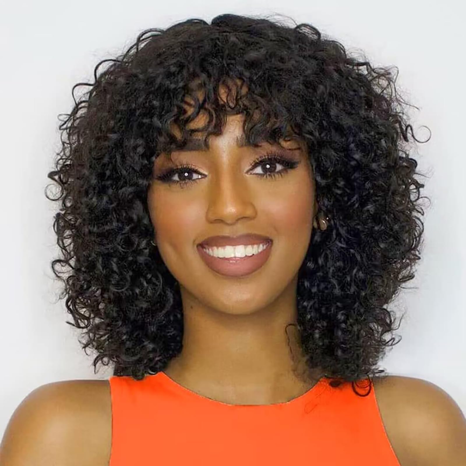 Amazon.com : Besteffie Short Curly Wigs With Bangs Water Wave Wig Human ...