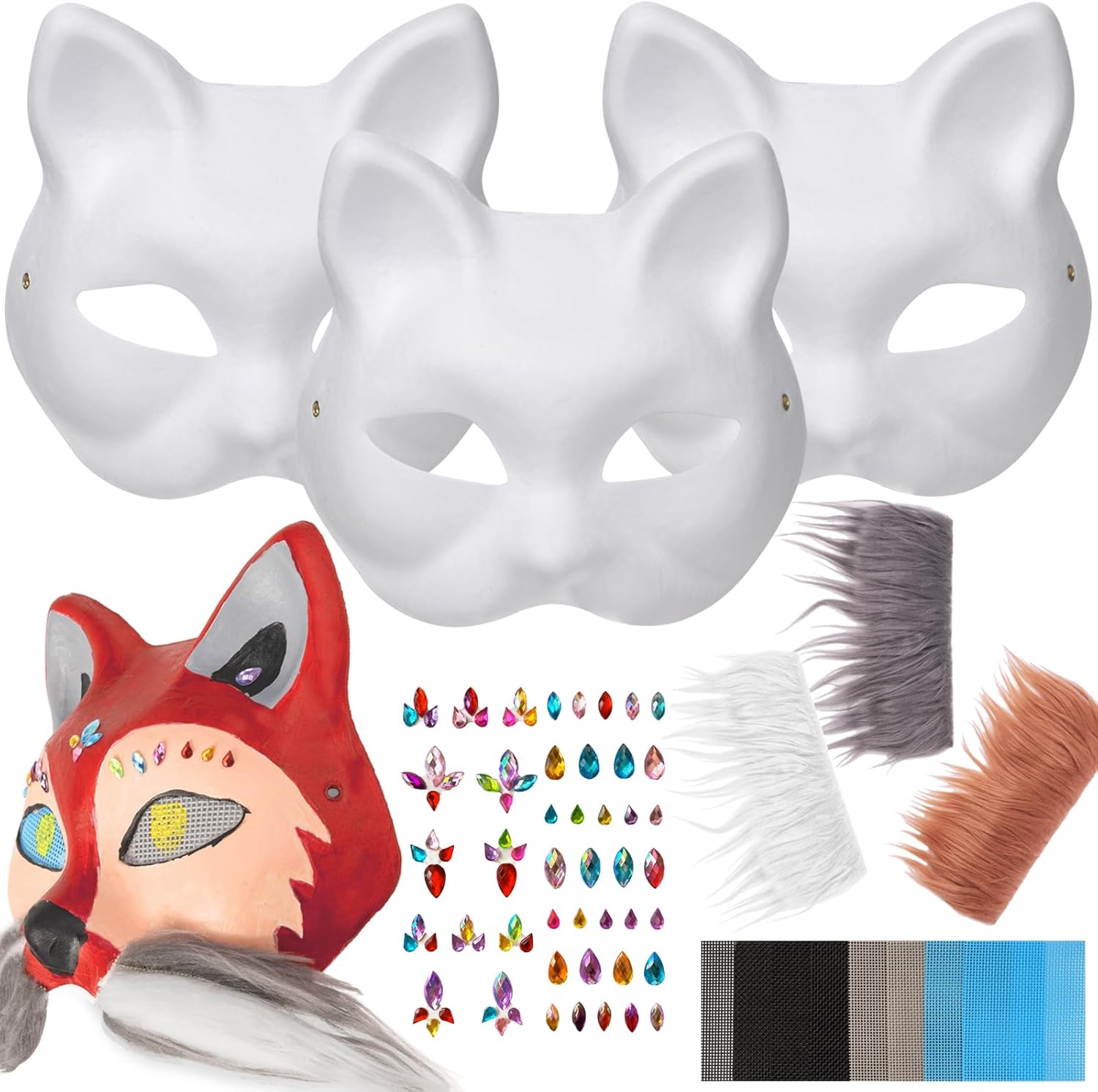 Amazon.com: OPPKIE Cat Fox Mask 3PCS with Furs Eye Meshes and Gem ...