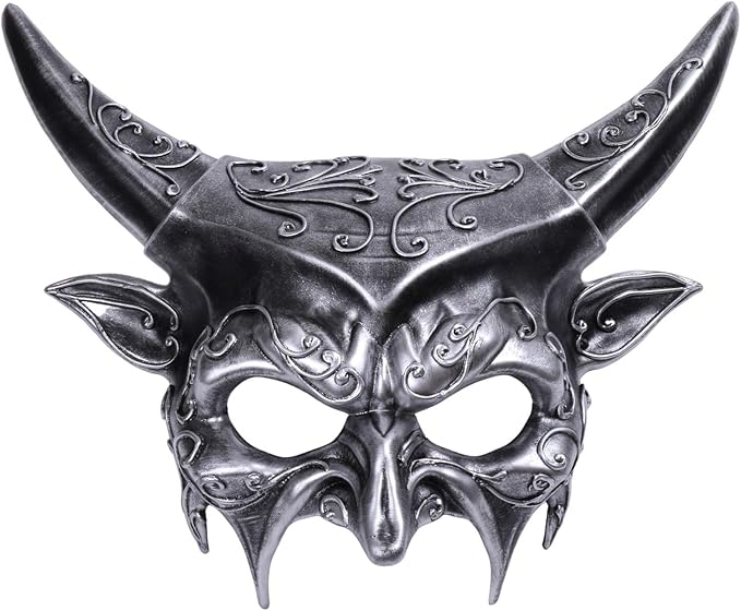 Amazon.com: ILOVEMASKS Creepy Metallic Black Silver Devil Mask ...