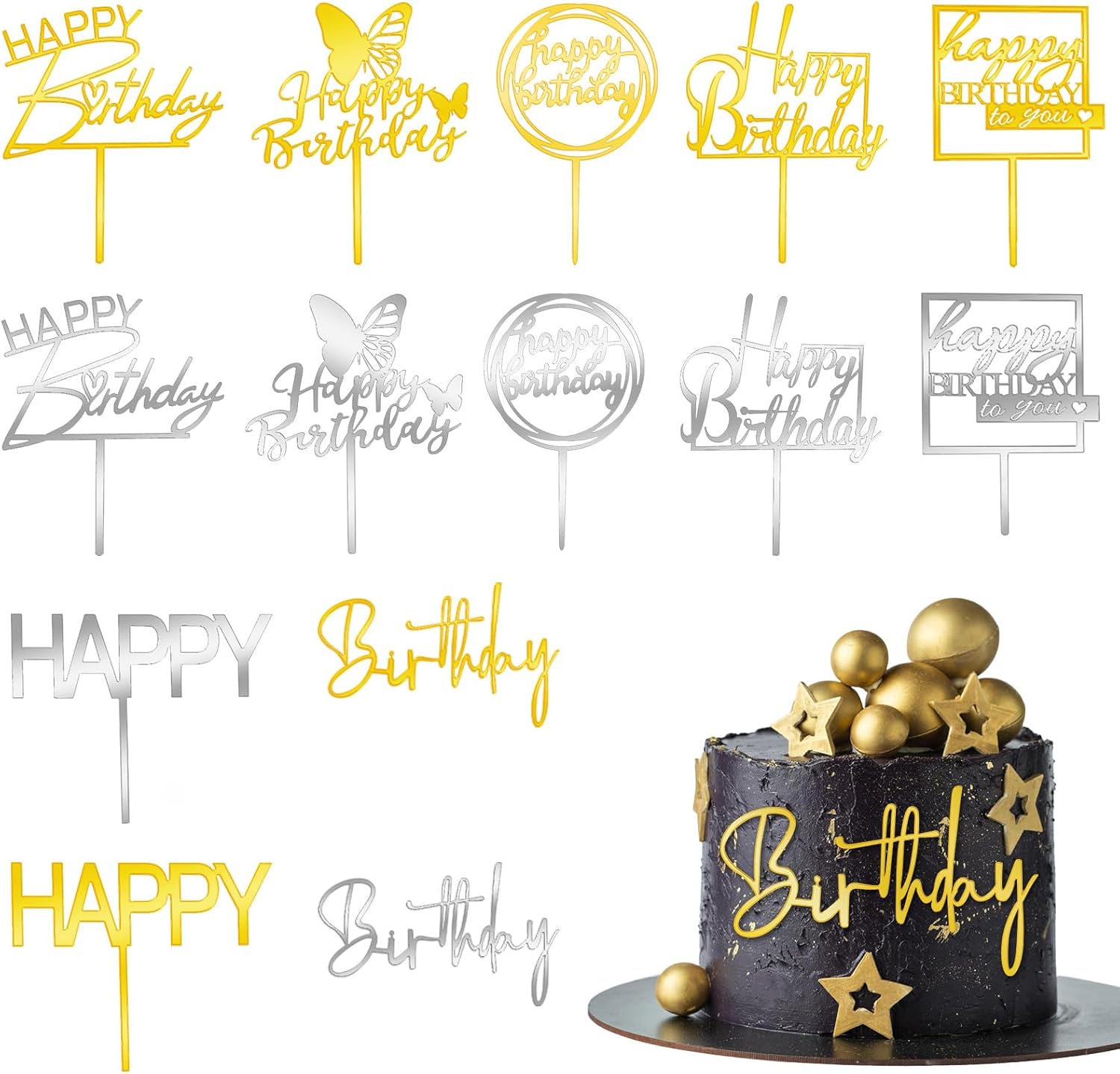Amazon.com: 120 Pcs Happy Birthday Cake Toppers Gold Silver Acrylic ...