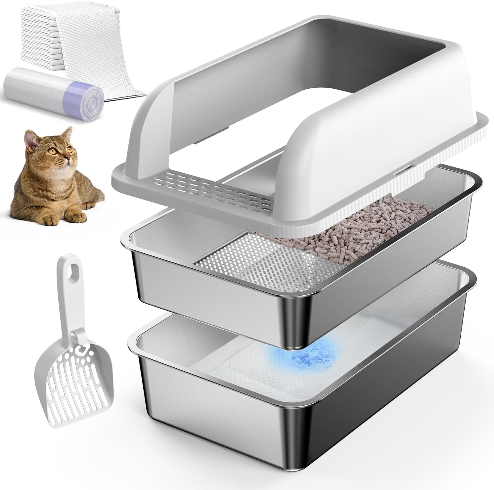 23.5''x15.7''x6'' Enclosed Stainless Steel Litter Box with Lid, XL Sifting Litter Box for Pine ...