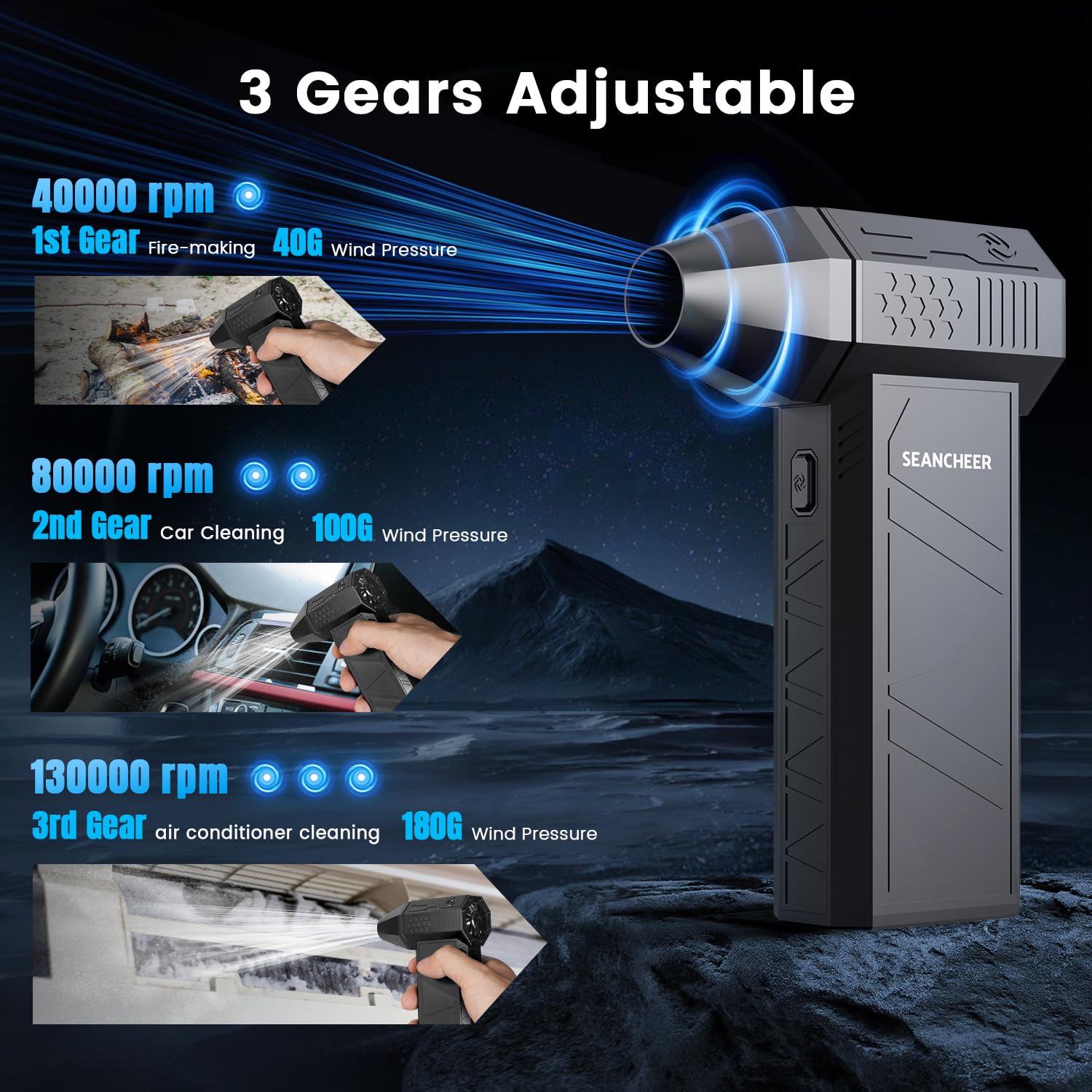 SEANCHEER Compressed Air Duster, Real 130000RPM, Electric Air Duster 3 ...