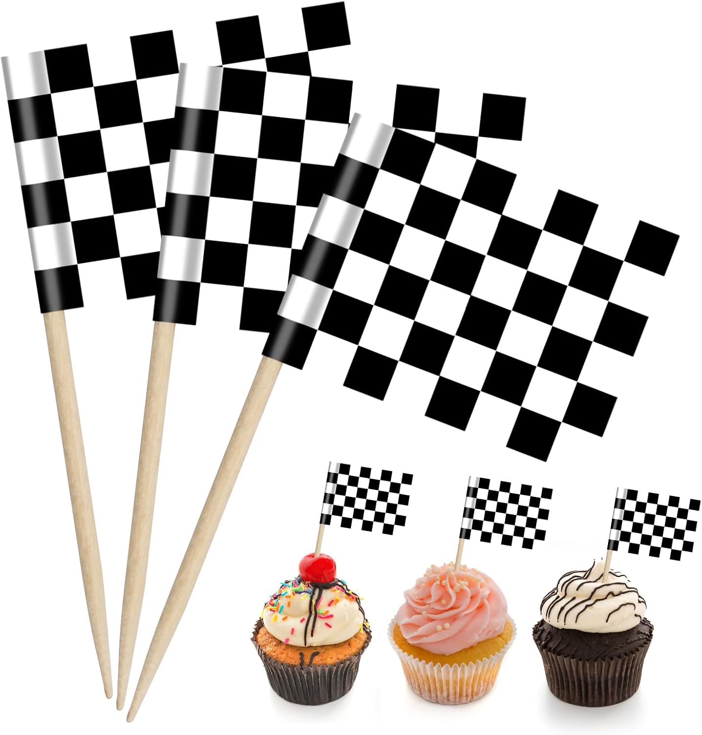 Amazon.com: 100 Pack Mini Checkered Racing Flag Finish Line Cupcake ...