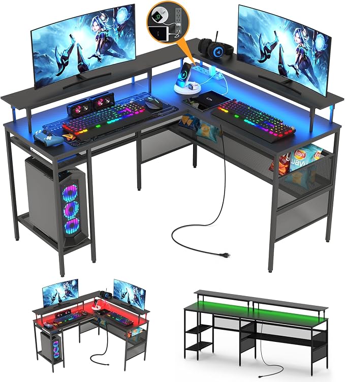 WASAGUN L förmiger Schreibtisch,Steckdose und USB-Anschlüsse,Eck Gaming ...