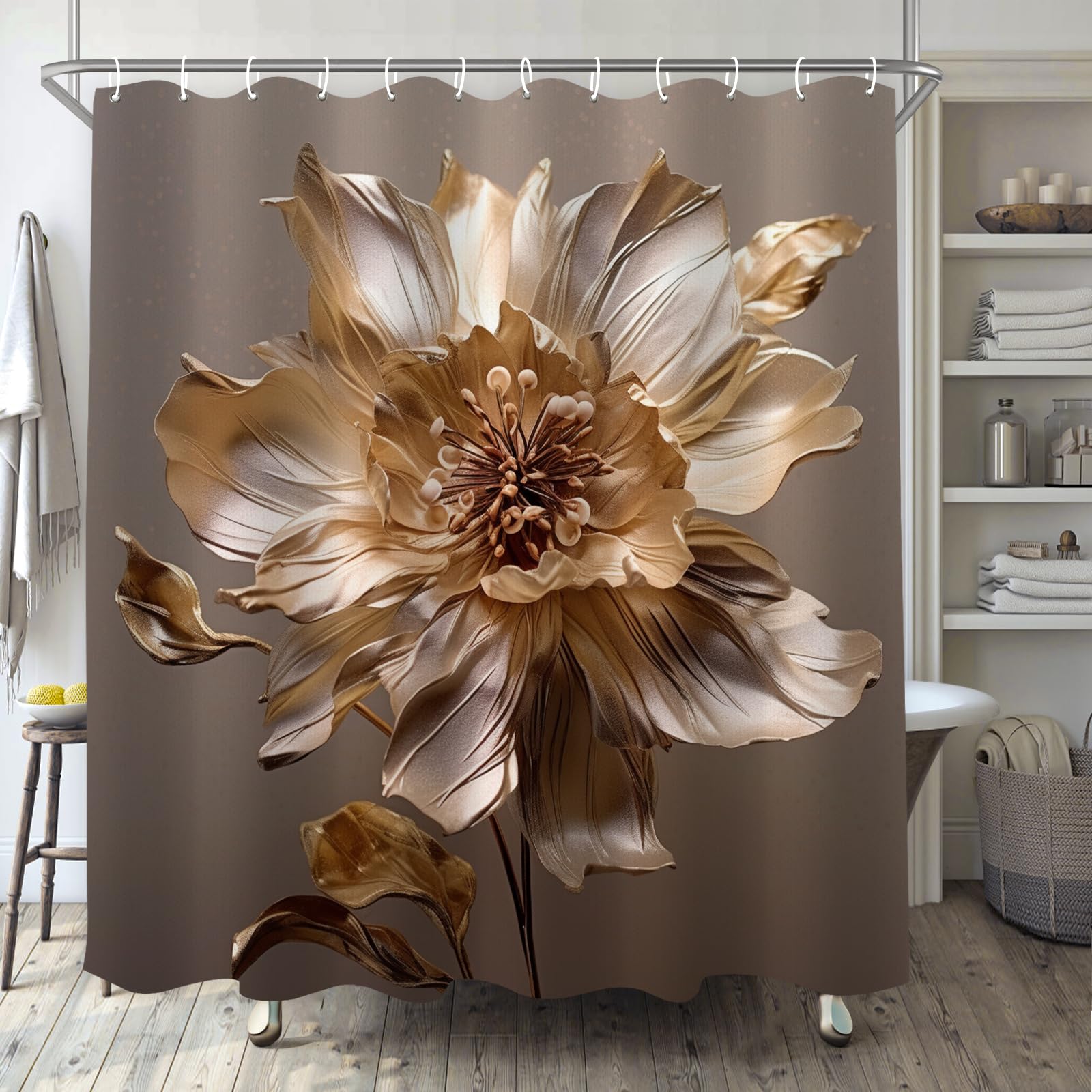 Amazon.com: TIYAANDSY Abstract Flower Shower Curtain for Bathroom, Gold ...