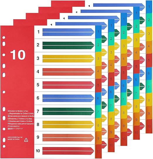 Srvnpioy Confezione da 5 Divisori e Segnaletica A4 per Raccoglitori ad Anelli con 10 Tasti ...