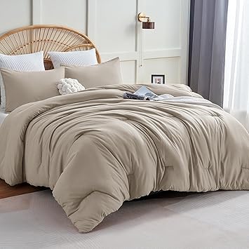 Amazon.com: CozyLux Oatmeal Comforter Set Full Size, 3 Pieces Solid ...