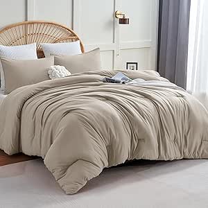 Amazon.com: CozyLux Oatmeal Comforter Set Full Size, 3 Pieces Solid ...