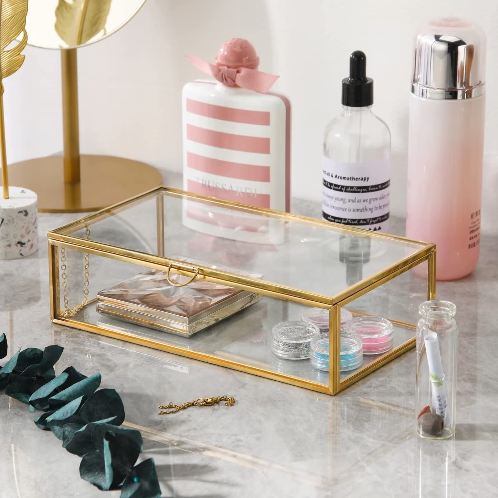 WHSLILR Vintage Glass Jewelry Box Keepsake Box with Hinged Lid, Great ...