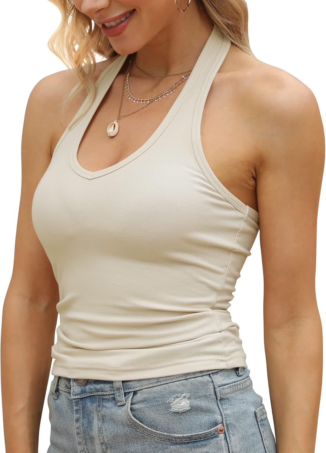 GEMBERA Womens Backless Halter Neck Front V Neck Camisole Casual Fitted ...