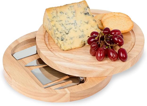 Innoteck Essentials Round Cheese Board with 4pc Set - Rubberwood Board ...