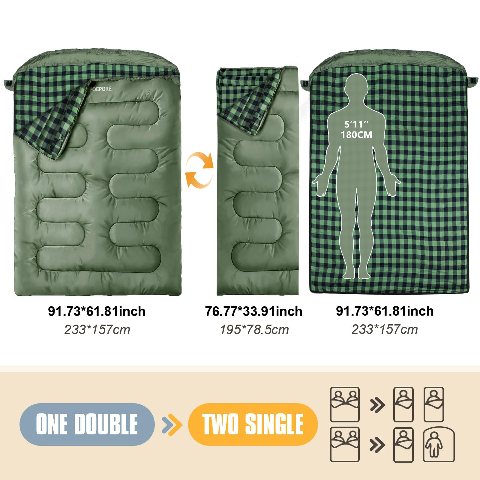 POEPORE Double Sleeping Bag Flannel for Adults with 2 Pillows 2 Person ...