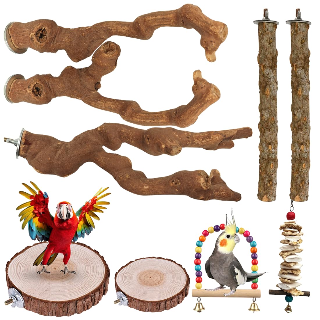 Amazon.com : 9 Pcs Bird Perch, Natural Wooden Parrot Stands, Claw ...