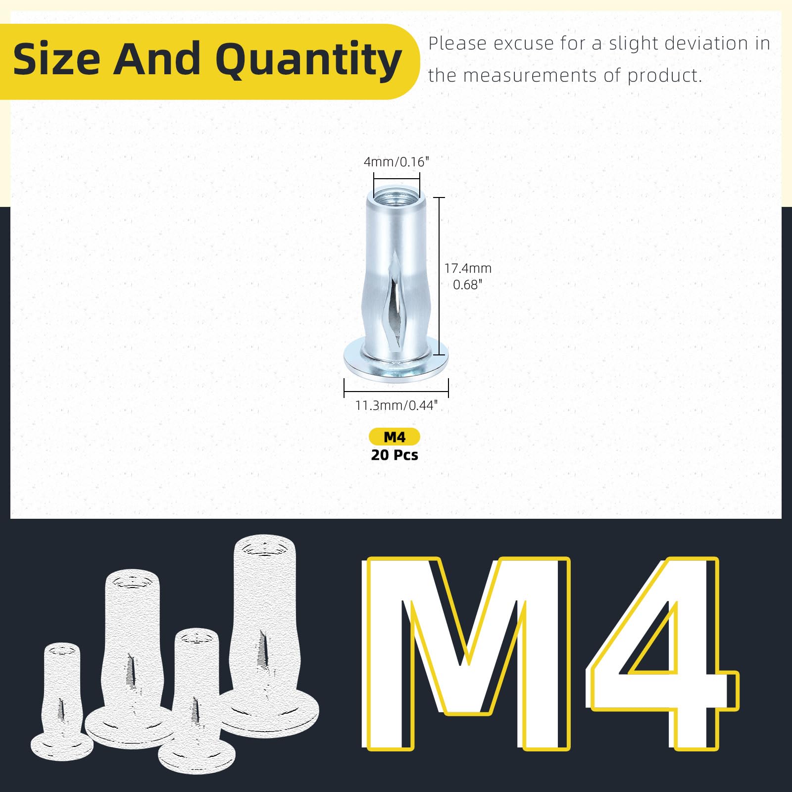 Snapklik.com : 20Pcs M4 Multi-Grip Rivet Nuts, Zinc-Plated Pre-Bulbed Shank Flat Head Threaded ...