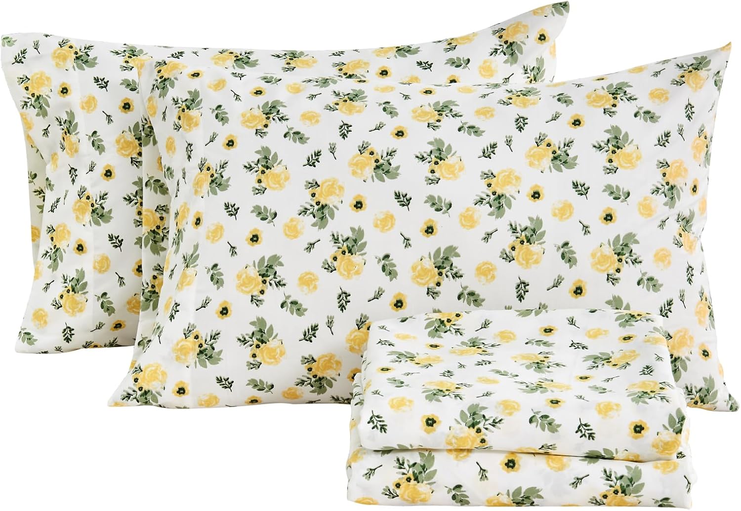 Amazon.com: KACEMOO Floral Queen Sheet Set, Yellow Flower Bed Sheets, 4 ...