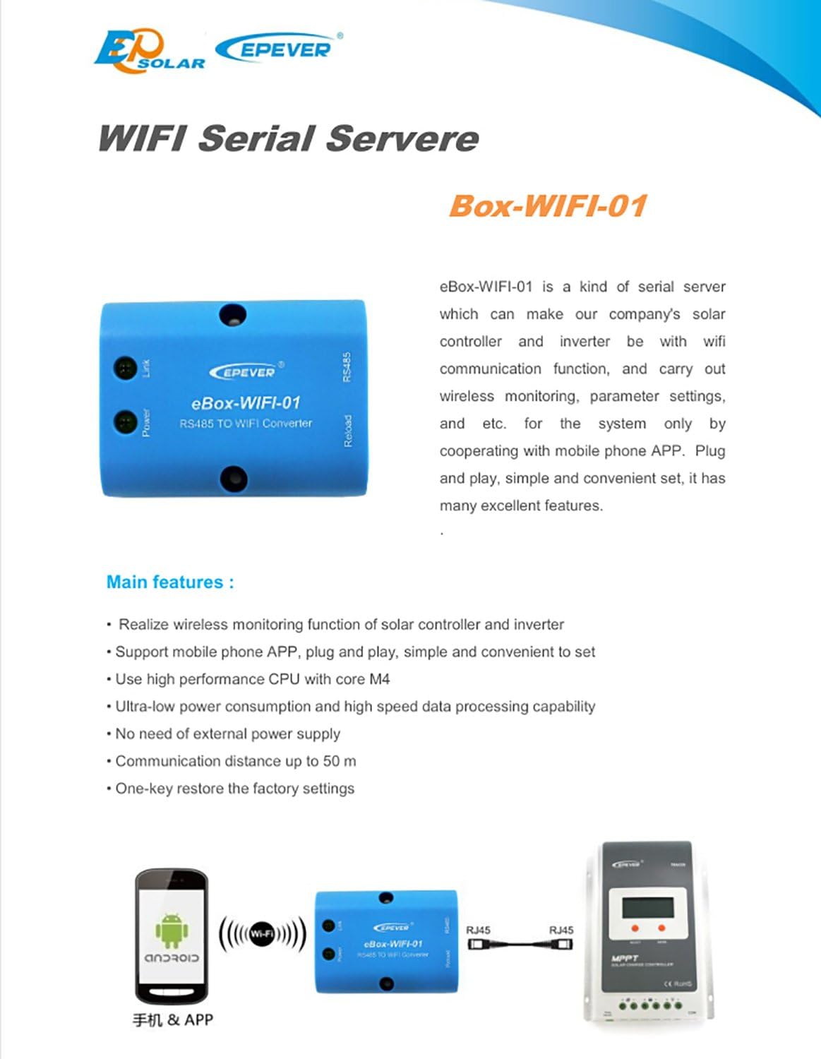 EPEVER eBox-WIFI-01 WIFI box RS485 to WIFI Bluetooth Adapter ...