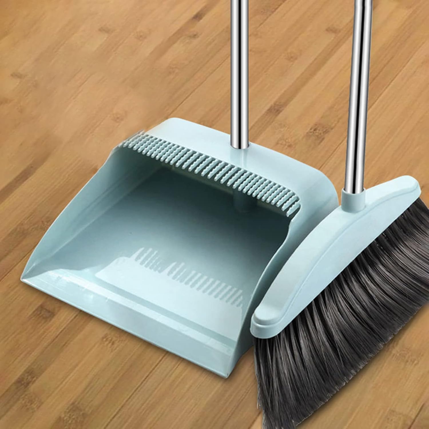 wolpin Plastic Broom With Dustpan Comb Teeth Long Handles Set Cleaning ...