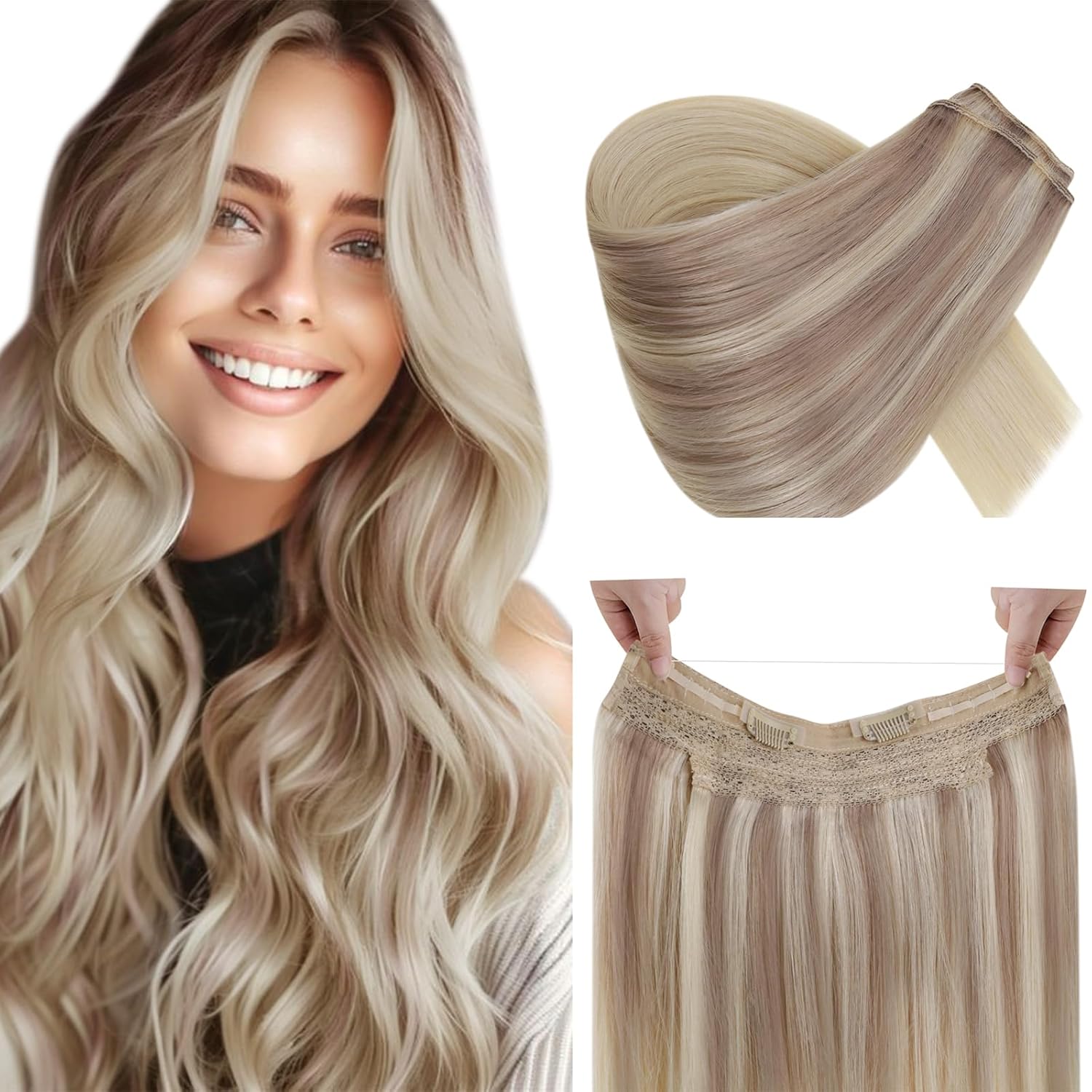 Amazon.com : RUNATURE Invisible Wire Hair Extensions Human Hair Blonde ...