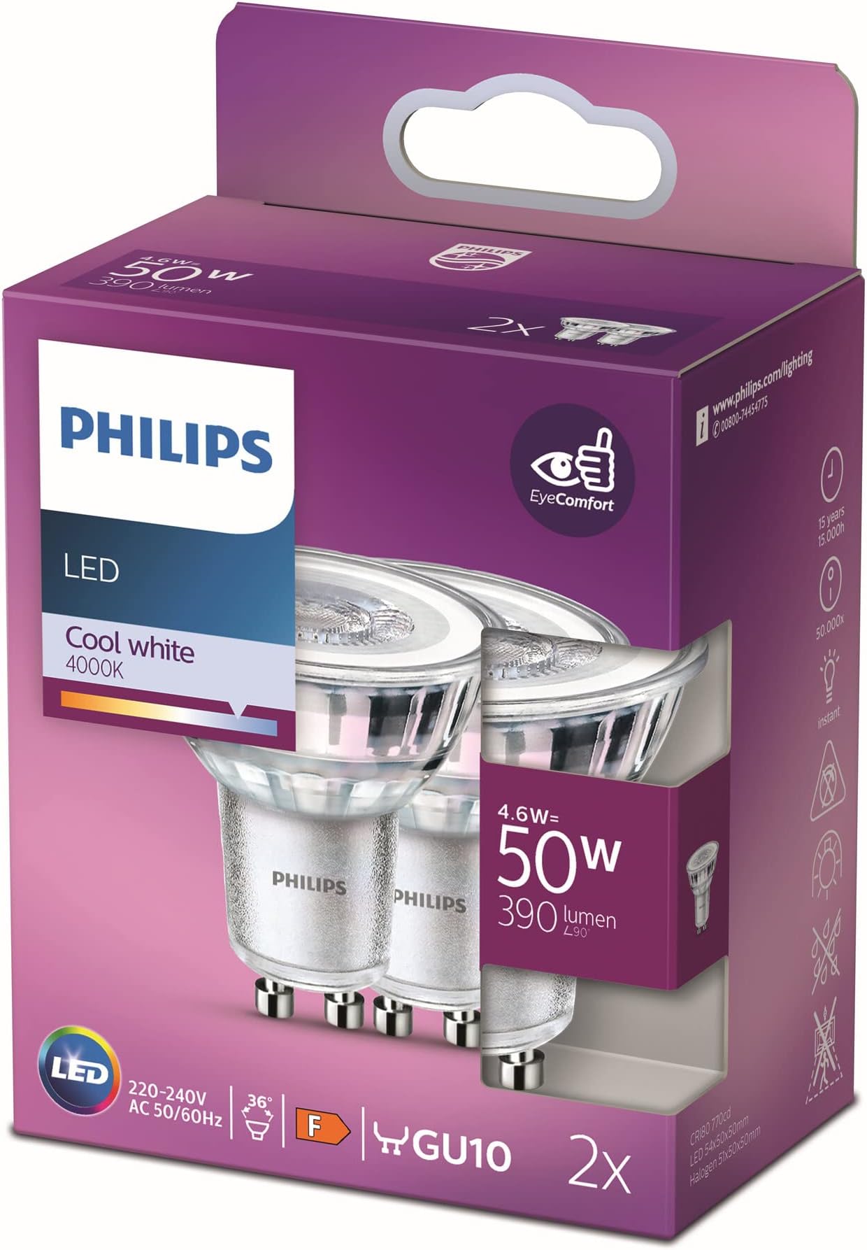 Philips LED Classic 2 Pack [GU10 Spot] 3.5W - 35W Equivalent, 220 ...