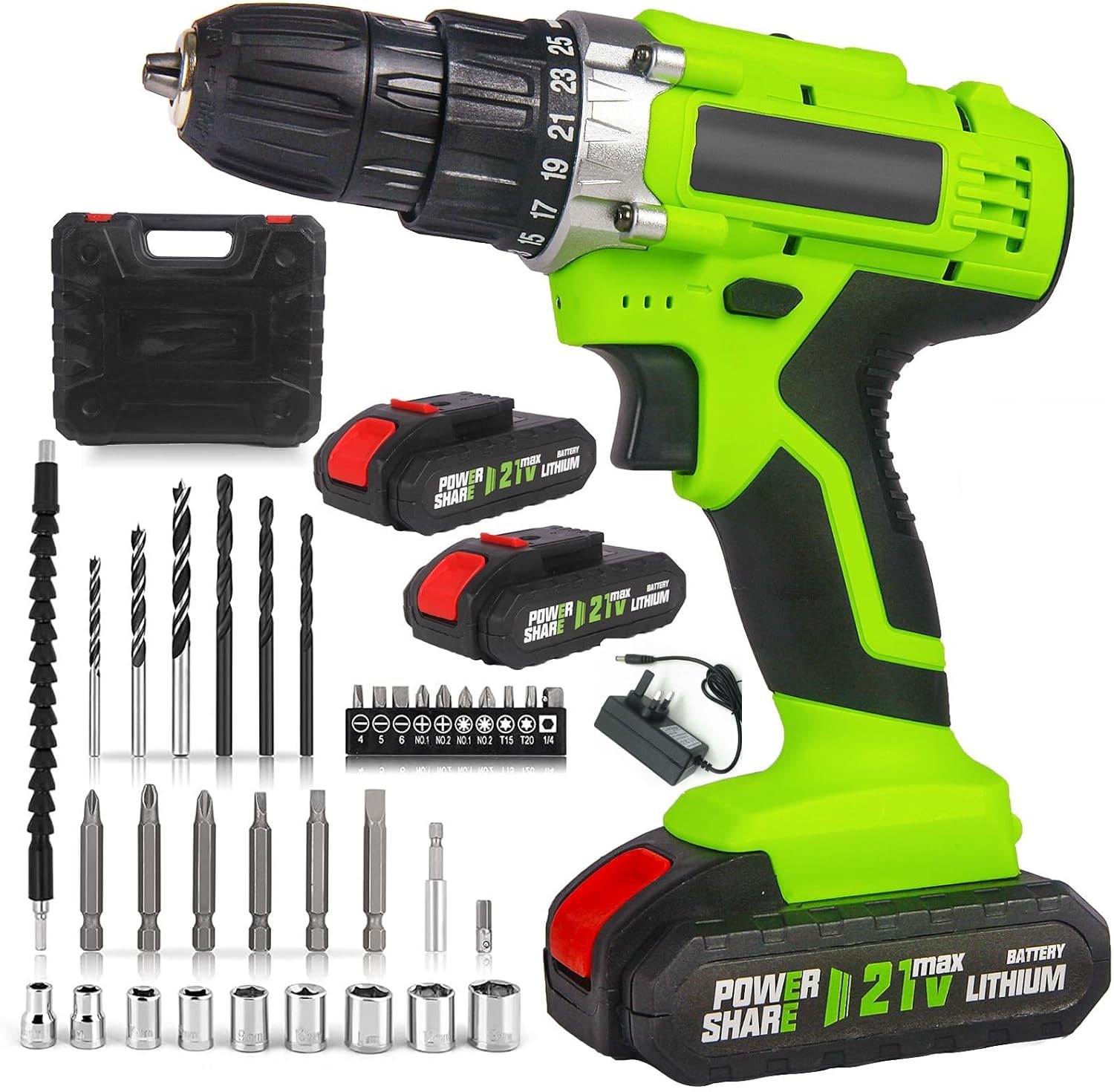 Drill Machine, 21V Cordless Drill Set with 2 Batteries and Charger ...