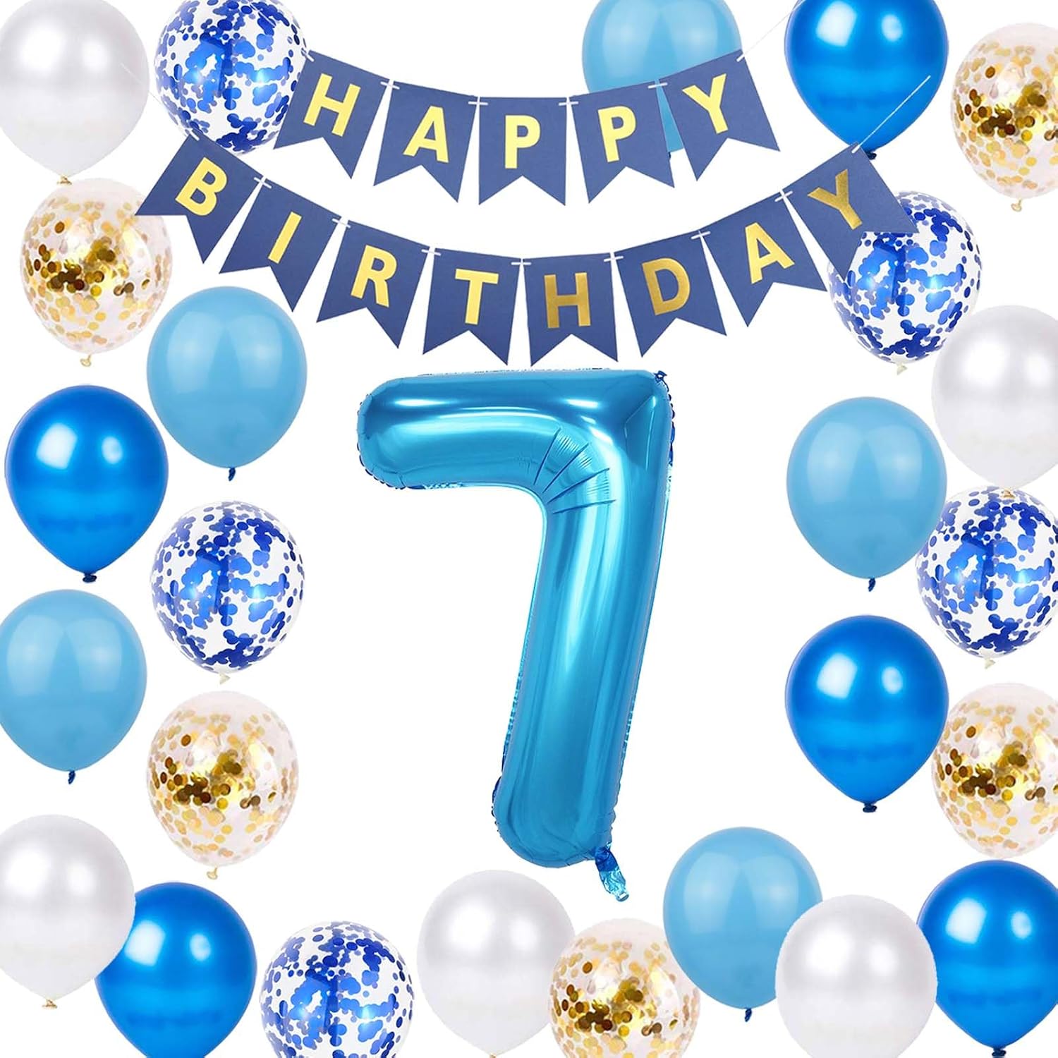 Amazon.com: Blue Gold 7th Birthday Decorations - Foil Balloons, Happy ...