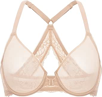 DELIMIRA Women's Front Closure Racerback Bra Sheer Mesh Plus Size Full Coverage Underwire ...