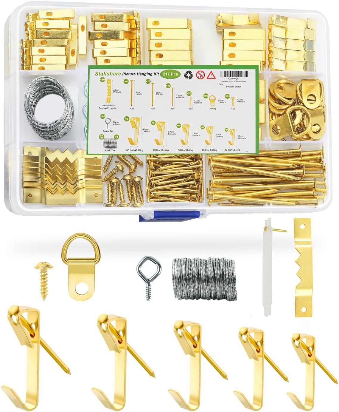 Stalishare Picture Hanging Kit Assorted Hooks and Nails up to 100lbs, 218Pcs Heavy Duty Frames ...