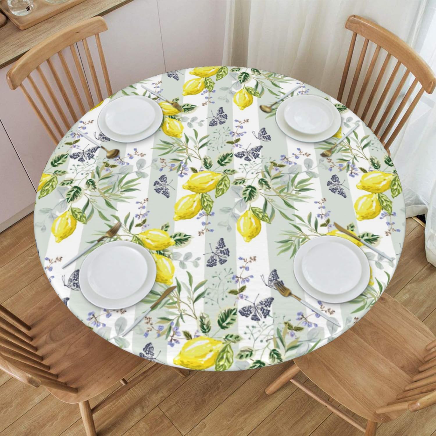 Amazon.com: Fueboacc Lemon Fruits Round Tablecloth, Green Leaves ...